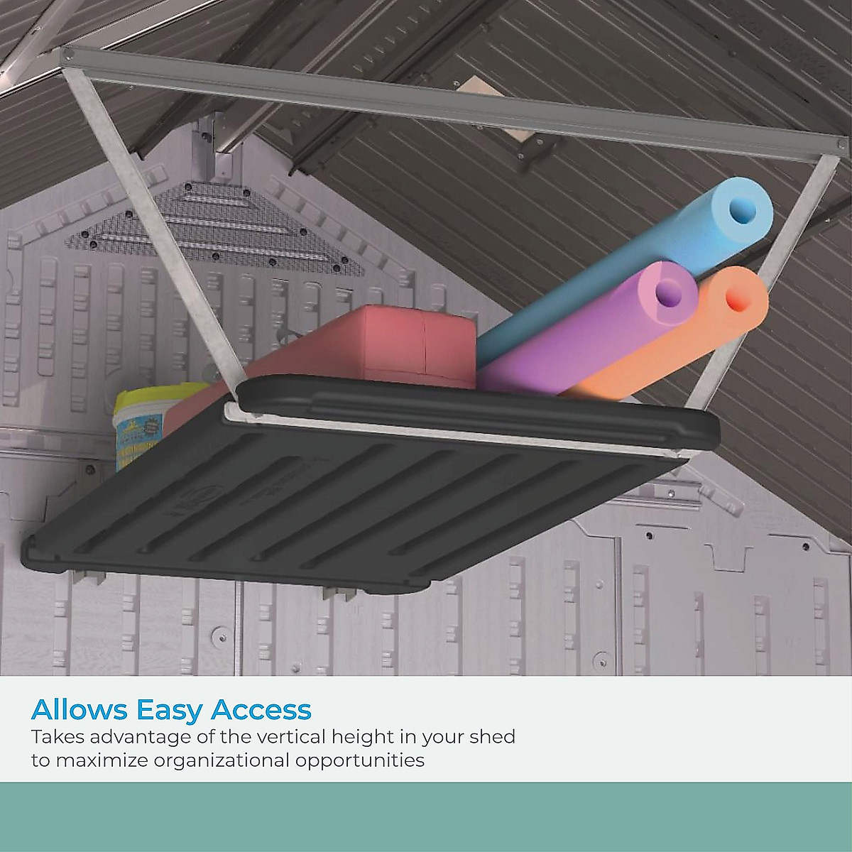 Suncast Outdoor Storage Shed Loft Shelf Kit, Space-Saving Hanging Shelf for Outdoor Storage Sheds, 45" W x 24" D x 1.5" H, Black