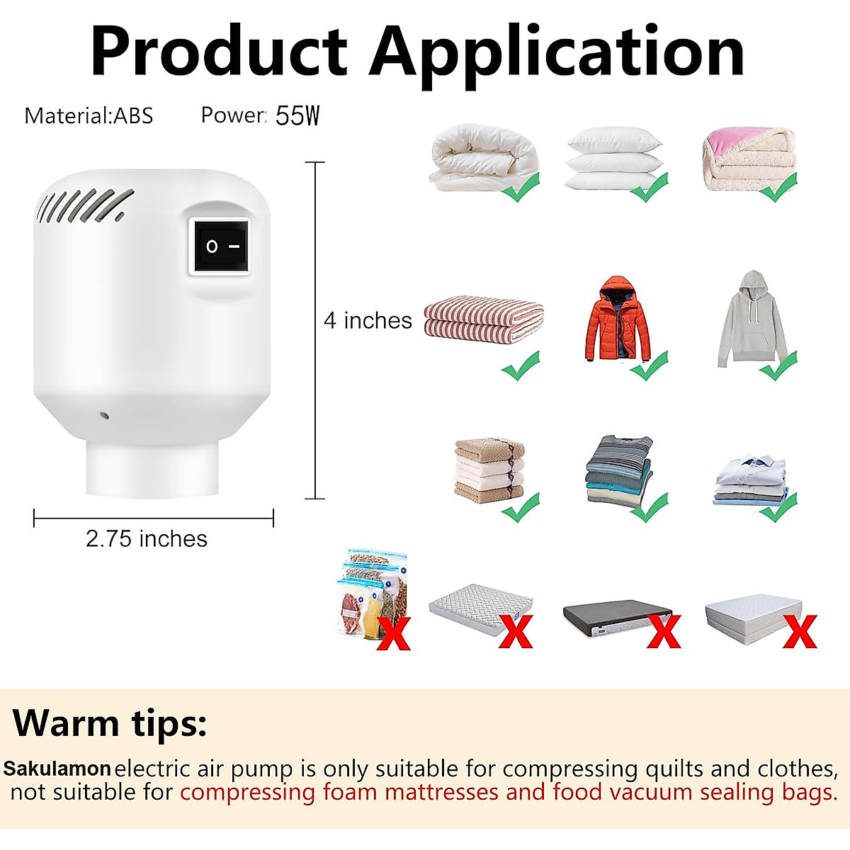 Sakulamon Electric Pump for Vacuum Storage Bags, 55W 4200 Pa Space Saver Vacuum Storage Bag Pump for Compression Clothing, Portable Vacuum Pump for Various Vacuum Sealer Bag (Storage Bag Not Included)