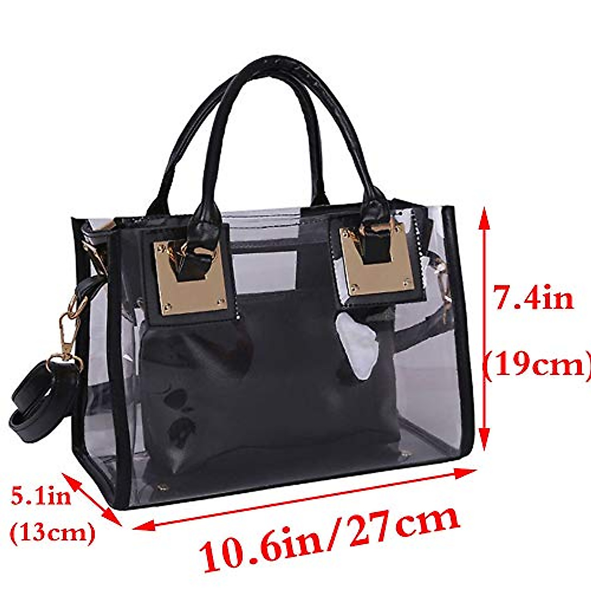 Rullar Women 2Pcs Small Clear Tote Set Beach Shoulder Top-handle Bag PVC Transparent Satchel Handbag Purse Black