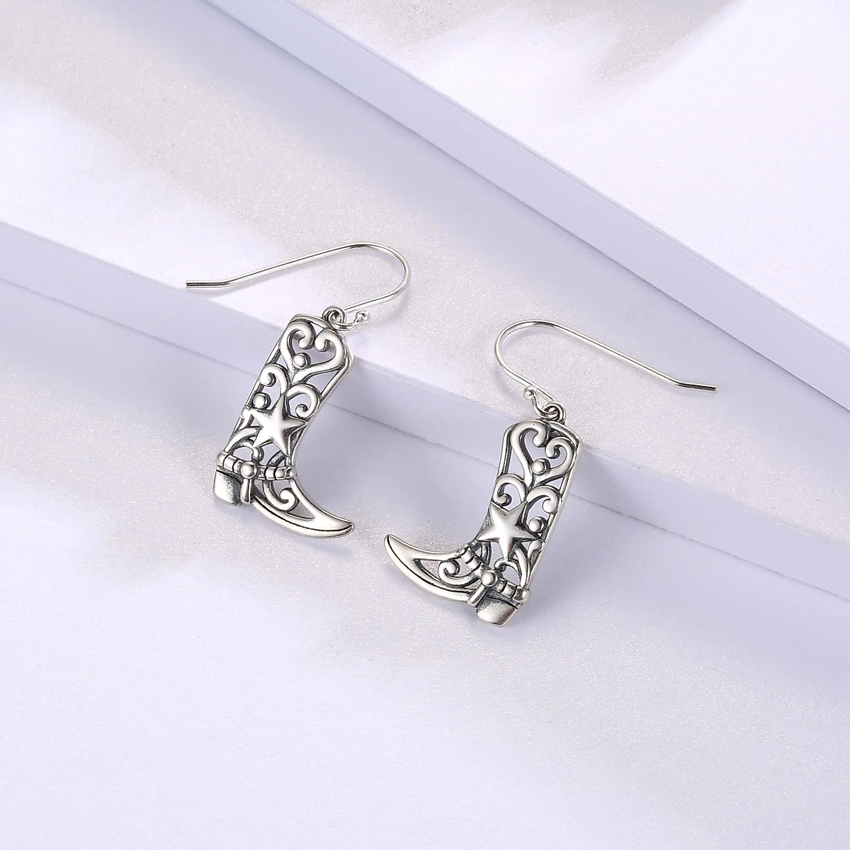 Sterling Silver Cowgirl Boot Earrings: Women Dangle Boot Earrings Country Western Style Jewelry Gifts for Cowgirl (Style 1)