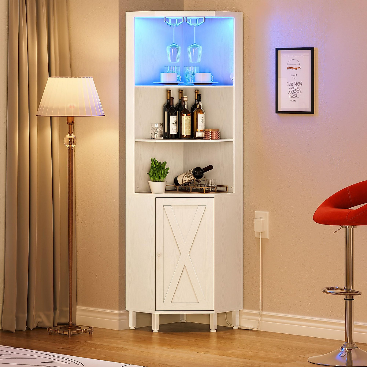 YITAHOME Corner Bar Cabinet with LED Lights & Glass Holder, 5 Tier Corner Shelf with Storage, Wine Rack Cabinet Display Shelves for Living Room, Dining Room, Kitchen, White