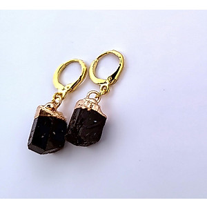 Natural Black Tourmaline Gold Dangle Earrings NBTGDE2
