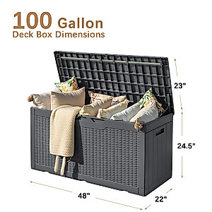 Devoko 97 Gallon Deck Box, Waterproof Resin Outdoor Storage Box for Outside and Patio, Large Outdoor Storage Bench Cabinet Lockable for Patio Furniture, Garden Tools and Pool Supplies (Gray)