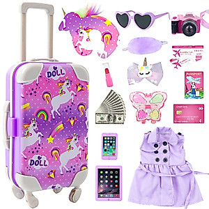 BDDOLL 25 Pcs American Clothes Accessories - Travel Suitcase Play Set for 18 Inch Doll with Clothes, Suitcase, Camera, Phone, Sungasses, Makeup Toy