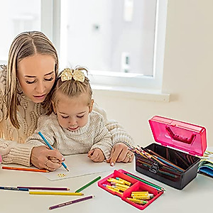 LUFUREN 8.5'' Plastic Art Box，Hair Accessories Organizer for Girls，Toy Storage Box，Craft Supplies and Cosmetics Storage Box，School Supplies Box，Black＋Red