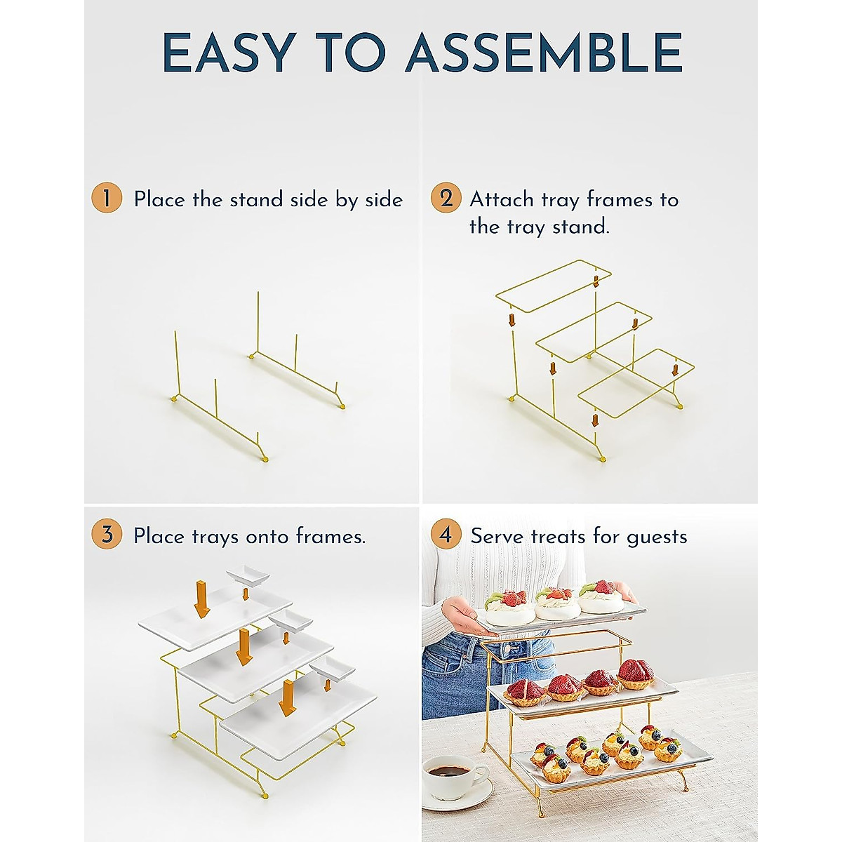 3 Tier Gold Serving Tray Stand with Dipping Bowls - Dessert and Fruit Platter for Hosting, Parties, Celebrations - Swiveling Collapsable Stackable