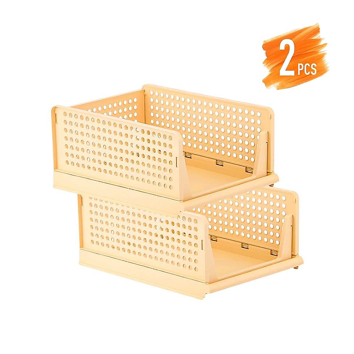 souG 2 Pack (17x 13.2 x 7.3 inch)Stackable Plastic Storage Basket-Foldable Closet Organizers Storage Bins, Perfect for Kitchen, Office, Bedroom & Bathrooms(Yellow)