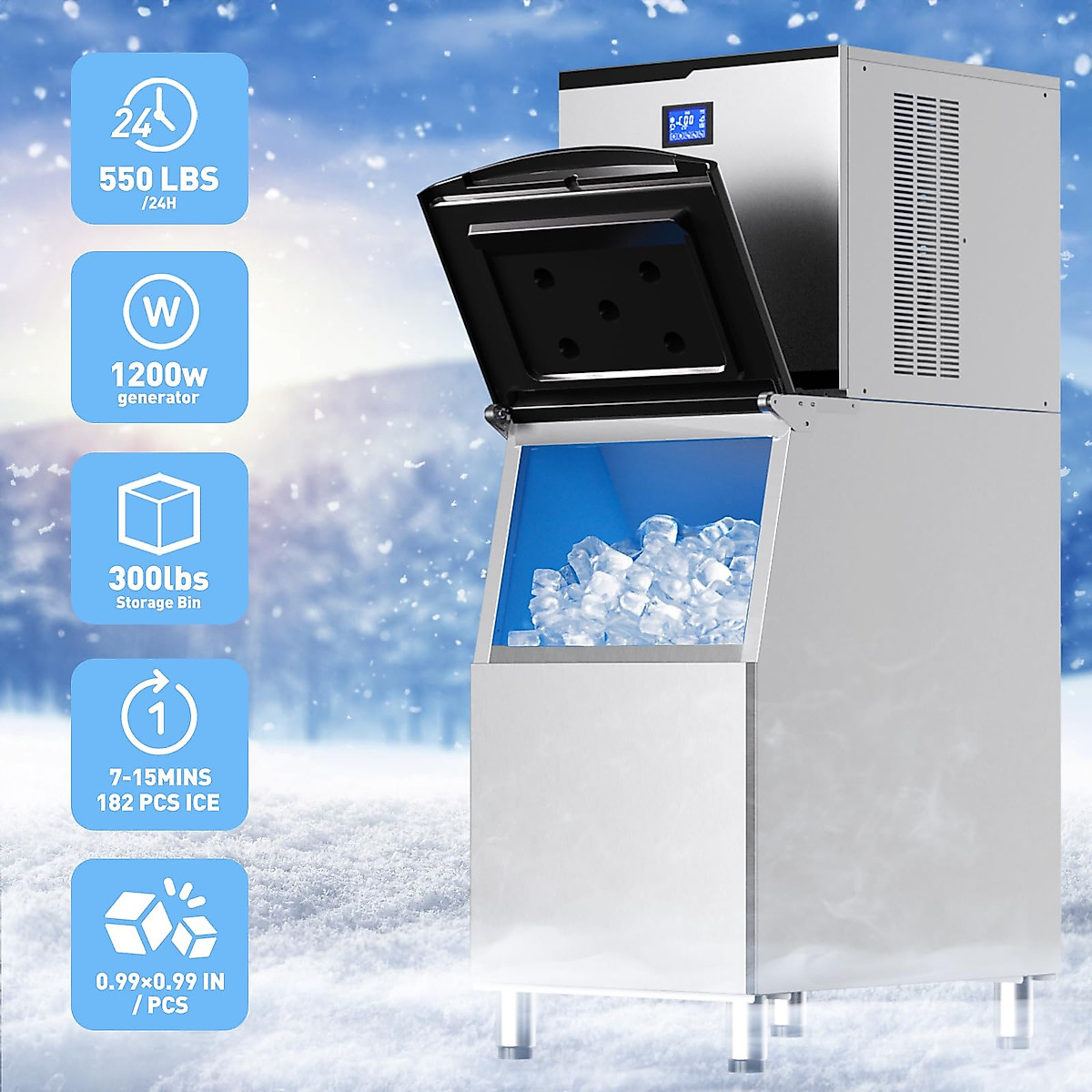 ERGMASTER Commercial Ice Maker Machine 550 LBS/24H - Industrial Ice Machine with 350LBS Large Storage Bin Ice Ready in 8-15 mins Stainless Steel Construction,Clear Ice Maker for Bar/Cafe/Restaurant