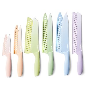 CAROTE 12Pcs Kitchen Knife Set, Stainless Steel Blade with Ceramic Nonstick Coating, Cutlery Knives with Blade Guards, Dishwasher Safe, Multicolored