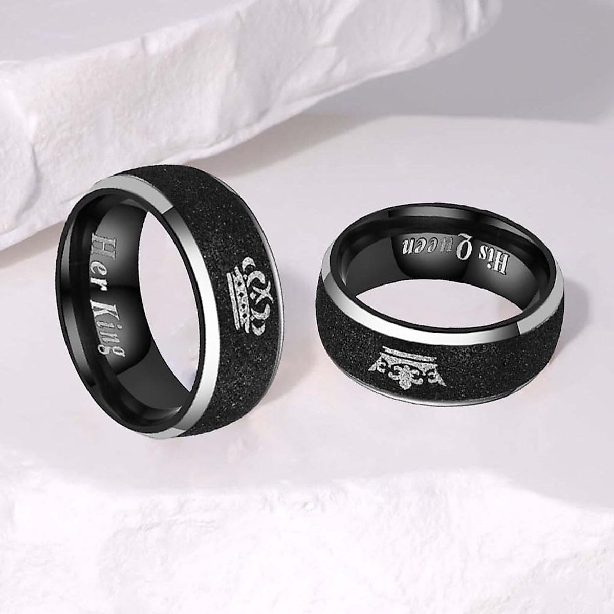 AluoWang King Queen Rings for Couples Set Promise Rings for Him and Her Customizable Matching Wedding Rings for Couples Engagement Rings Black Blue Valentine's Jewelry Gift (Glittering Prince and Princess)