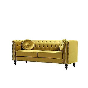 US Pride Furniture Modern Style High Density Foam 75.98'' Wide Golden Velvet Rolled Arm Chesterfield Living Room Removable Cushion & Solid Wood Legs (S5608-5613) Sofas, Strong Yellow