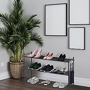 smusei 2 Tier Shoe Rack for Closet Freestanding Sturdy Fabric Shoe Rack Entryway Storage Organizer Shelf with 2 Metal Hooks, Door, Dorm Room, Bronze