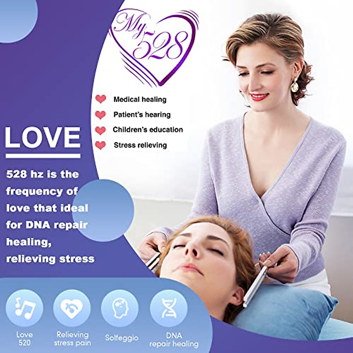 TENFLY 528 Hz Tuning Fork for Healing, DNA Repair, Reliever Stress and Perfect Musical Instrument, Frequency of Love, Silver, with Black Rubber Mallet, Triangular Silicone and Velvet Storage Bag