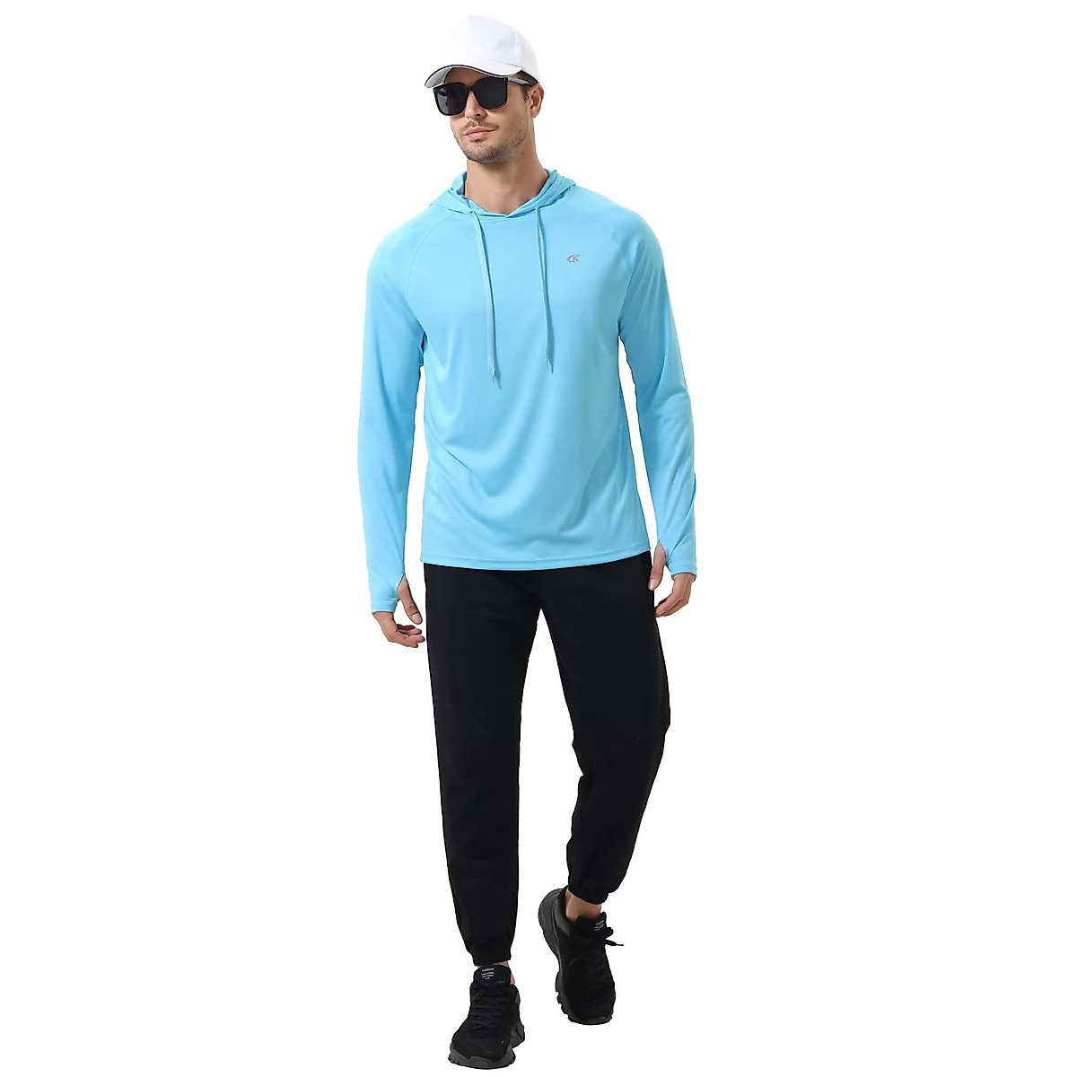 Yundobop Men's UPF 50+ Rash Guard Swim Shirt Long Sleeve Athletic Hoodies Lightweight Fishing Running Thumbholes Shirt Sky Blue L