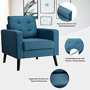 ReunionG Modern Accent, Mid Century Armchair W/Rubber Wood Legs, Linen Single Sofa W/Fabric Cushion, Upholstered Arm Chair for Living Room, Office, Bedroom (Blue)