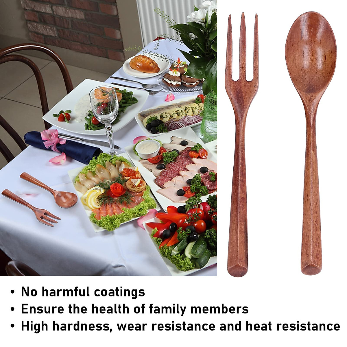 Wooden Fork Spoon Set Large Lacquered Wood Spoon Fork Tableware Dinnerware 2Pcs Triangular Handle Cooking Tableware