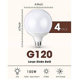 Tujoe LED Globe Light Bulbs G120 Globe Bulb Warm White 3000k Dimming Light Bulbs E26 Base LED Globe 15w Large Light Bulb for Indoor Room Lighting Home Decoration(4 Pcs)
