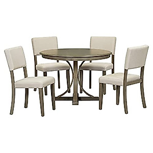 Dinehome 5-Piece Wooden Round Kitchen Dining Table Set with Curved Trestle Style Legs and 4 Upholstered Chairs, Taupe