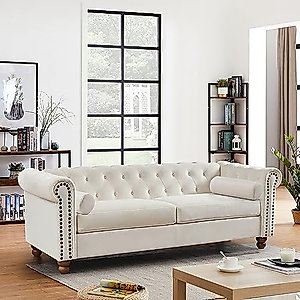 EMKK Chesterfield Sofa, Classic Tufted Upholstered Couch, Modern 3 Seater Loveseat Long Settee Furniture with Rolled Arms and Nailhead,Back and Legs for Living Room Office, Apartment