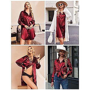 Ekouaer Sleep Shirts for Women Satin Silk Nightgown Long Sleeve Sleepwear Boyfriend Button Down Nightshirt Wine Red L