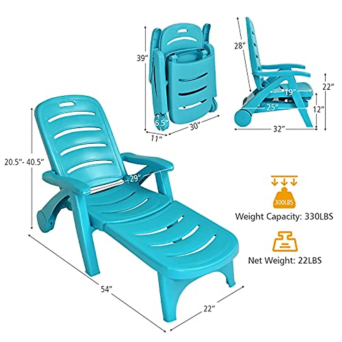 Giantex Patio Chaise Lounge Recliner on Wheels, Folding Deck Chair with Armrests, 5 Adjustable Positions for Poolside, Yard, Garden Rolling Outdoor Lounger Sunbathing Beach Chair(2, Turquoise)