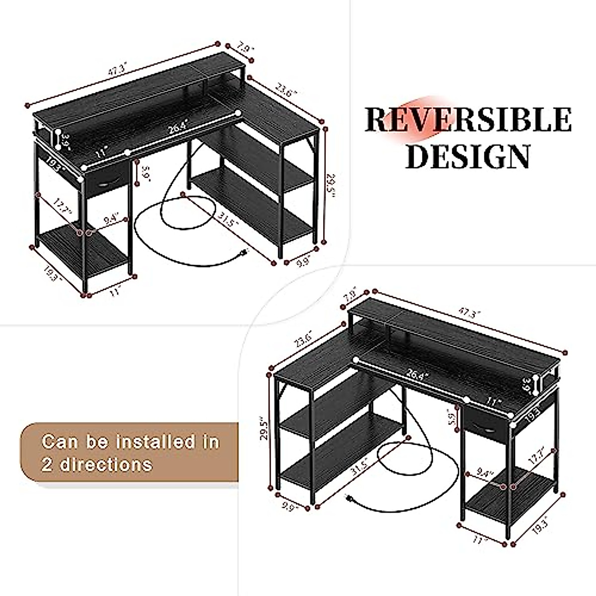 SUPERJARE L Shaped Gaming Desk with LED Lights & Power Outlets Reversible Computer Desk and Nightstands Set of 2 with Charging Station & LED Light Strips, Black