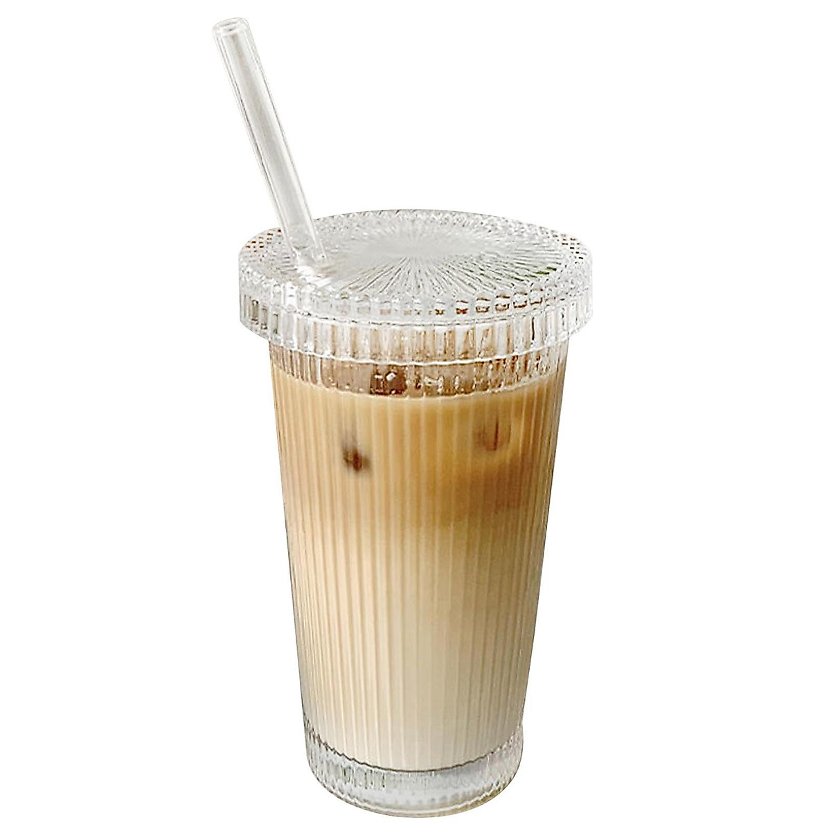 MEFFE Ribbed Glass Stem-ware, Glass Tumbler Stripe Glass Cup, Elegant Ribbed Glass Tumblers, Ribbed Glass Drinking Jars, Coffee Cup With Lid and Straw Drinking Glasses for Iced Coffee, Milk, Tea, Jui