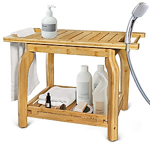 2-Tier Bamboo Shower Bench for Inside Shower Shaving Legs, 25 Inch Waterproof Bathroom Bench Shower Stool with Storage Shelf, Safe & Stable for Seniors Adults Disabled Women