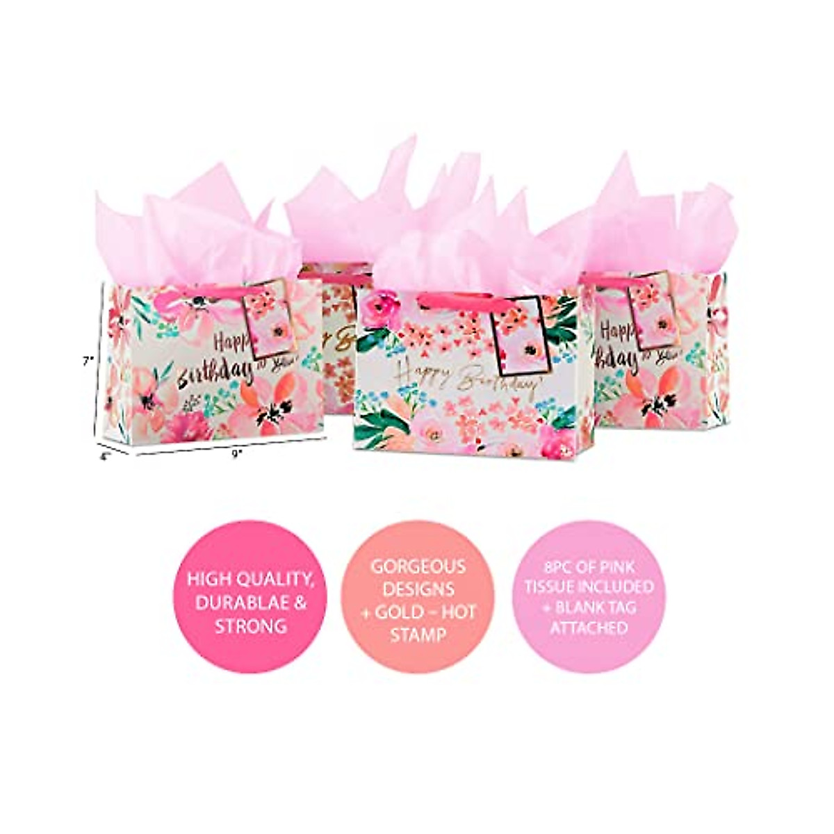 YE GIVING Happy Birthday Gift Bags With Tissue 9"x4"x7" 4 Pack. 2 Designs. Includes Tissue Paper And Tags.