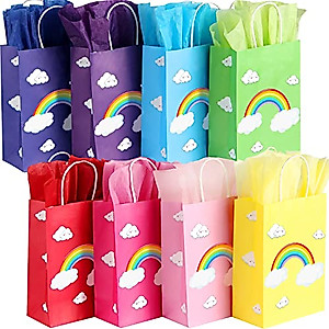 PINWATT 32 Pieces Rainbow Party Favor Bags with 32 Tissue Papers - 8.7'' Small Gift Bags with Handle for Party Supplies, Birthday Party, Wedding, Gifts and Celebrations Assorted 8 Colors