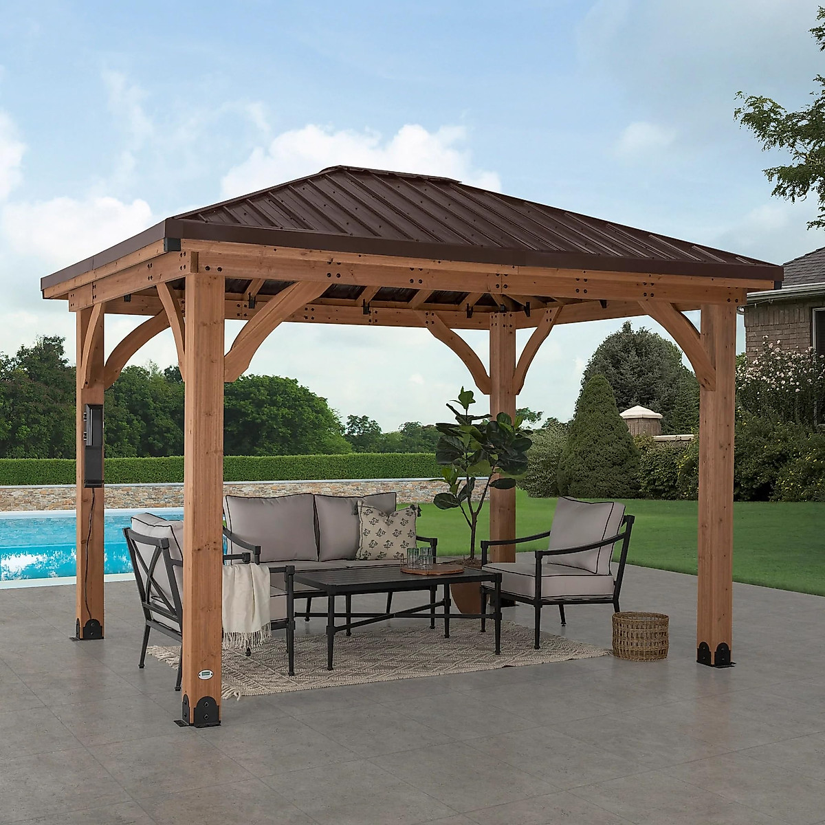 Backyard Discovery Barrington 12' x 10' Cedar Wood Outdoor Gazebo Pavilion with Hardtop Galvanized Steel Hip Roof, Snow Support, Wind Resistance, PowerPort, Shade for Garden, Patio, Deck, Entertaining