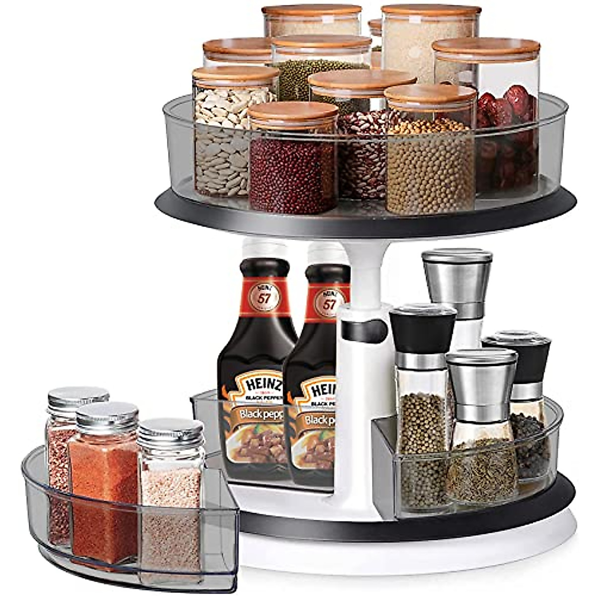 Yesland 2-Tier Lazy Susan Turntable with Large Bin and 3 Dividers, 11'' Height Adjustable Cabinet and Spice Rack Organize for Kitchen Pantry Snack Fruit Makeup(Black)