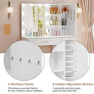 usikey Makeup Vanity with Lights, Vanity Desk with Mirror and 10 LED Lights, Vanity Table Set with 4 Drawers, Cabinet & 4 Necklace Hooks, Dressing Table for Bedroom, White