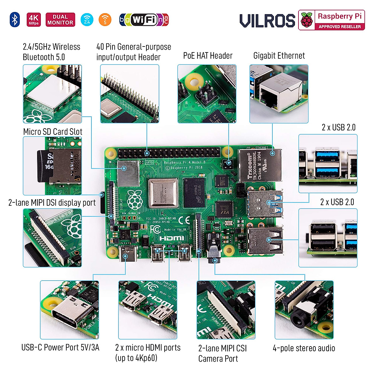 Vilros Basic Starter Kit for Raspberry Pi 4 with Fan Cooled ABS Case-Includes Raspberry Pi 4 Board and 7 Accessories (4GB, Clear Transparent Case)