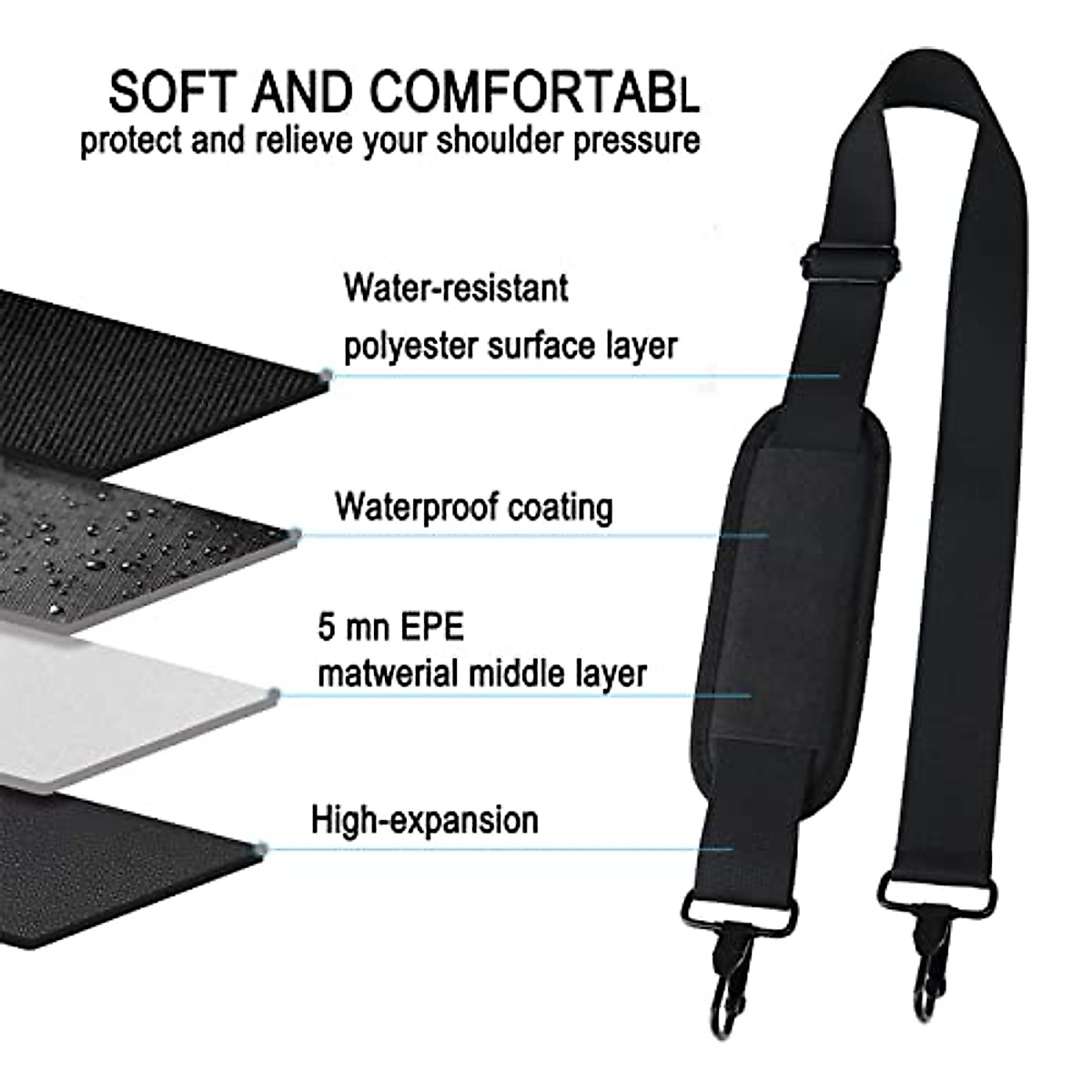 Askuko Shoulder Strap 56 Inch, Universal Adjustable Shoulder Belt Replacement Laptop Bag Shoulder Strap with Metal Hooks for Briefcase, Laptop Messenger Crossbody Bag, Luggage Duffel Camera, Black