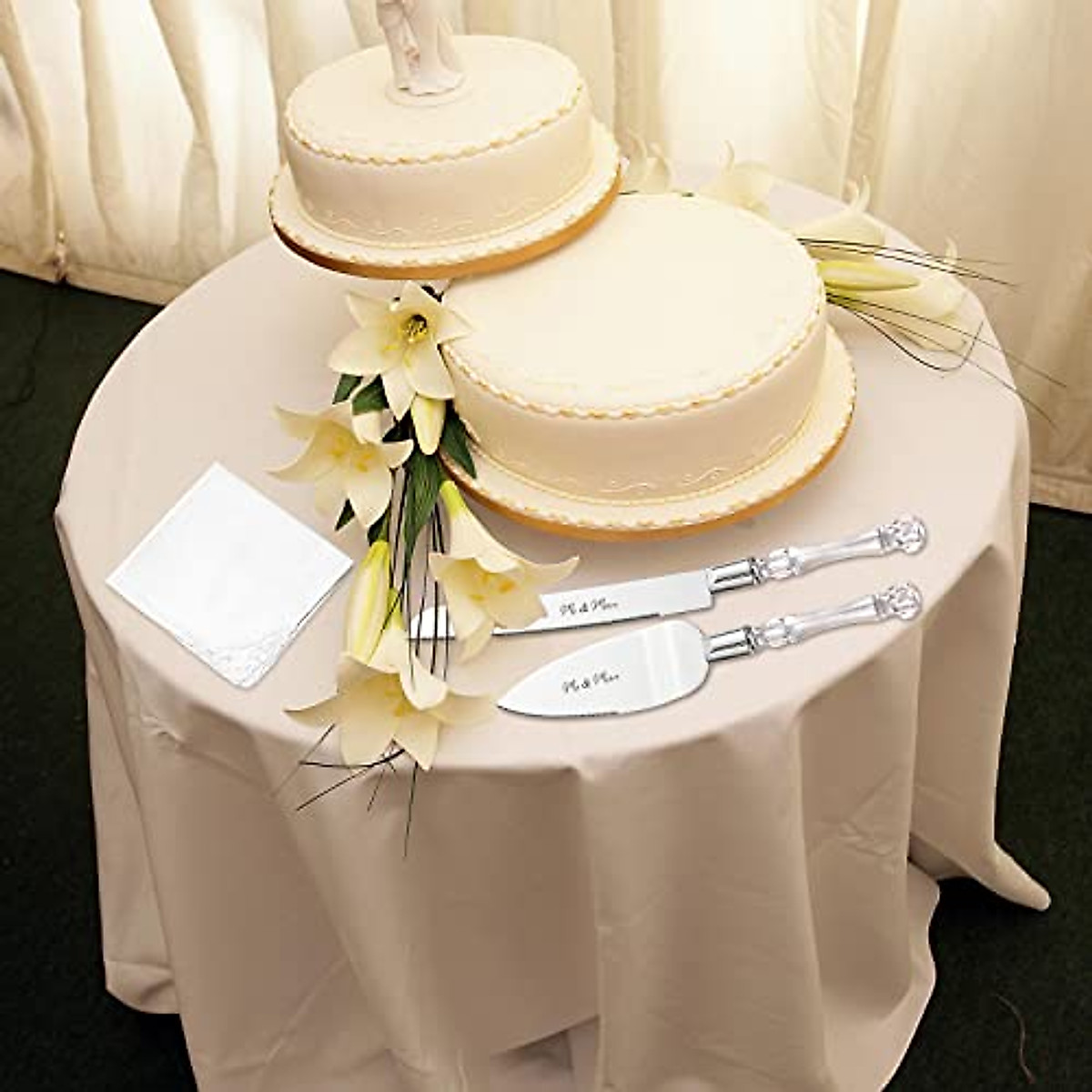 Set of 3 Wedding Cake Cutting-Mr and Mrs Wedding Cake Knife Cake Pie Pastry Servers and White Lace Handkerchief,Cake Cutter and Server Set Perfect for Wedding,Birthday,Anniversary,Parties and Events