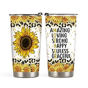 20oz Sunflower Mother Tumbler, Amazing Loving Strong Happy Selfless Graceful, Mom, Grandma Gifts, Coffee Thermos for Women, Stainless Steel Double Wall Vacuum Insulated Coffee Mug, Travel Cup with Lid