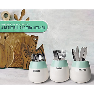 Ceramic "Honeypot" Cutlery Holder - Set of 3 - Farmhouse Silverware Caddy for Kitchen Countretop - Decorative Spoon, Fork & Knife Holder for Parties & More - Rustic Caddy Made of Premium Ceramic