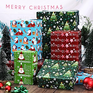 PlandRichW Christmas Wrapping Paper 12 Sheets Folded for Kids Boys Girls Men Women Gifts. Green,Red and Blue, Christmas Tree, Greetings, Santa, Gift and Snowflakes, 20 X 29 Inches Each