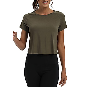 Mippo Short Sleeve Workout Tops Athletic Shirts Gym Clothes Exercise Crop Top Tshirts for Women Loose Fit Army Green S