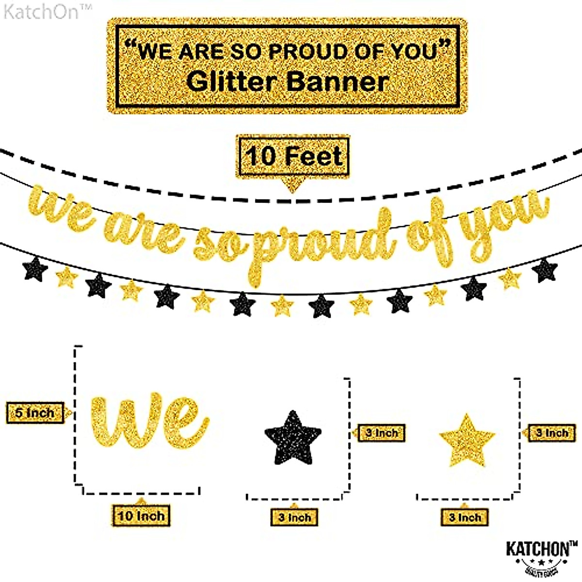 We Are So Proud Of You Banner, Glitter - Big 10 Feet with Star Garland | Graduation Banner, Graduation Decorations 2023 | Black and Gold Graduation Party Decorations 2023 | Congratulations Decorations