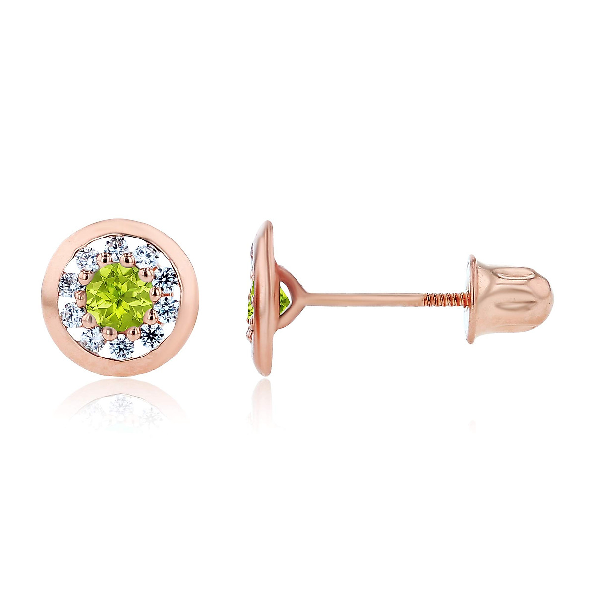 Solid 14K Rose Gold 6mm Circle 2.50mm Natural Green Peridot August Birthstone Screwback Stud Earrings For Women | 1mm Created White Sapphire Pave Circle Screwback Earrings For Women