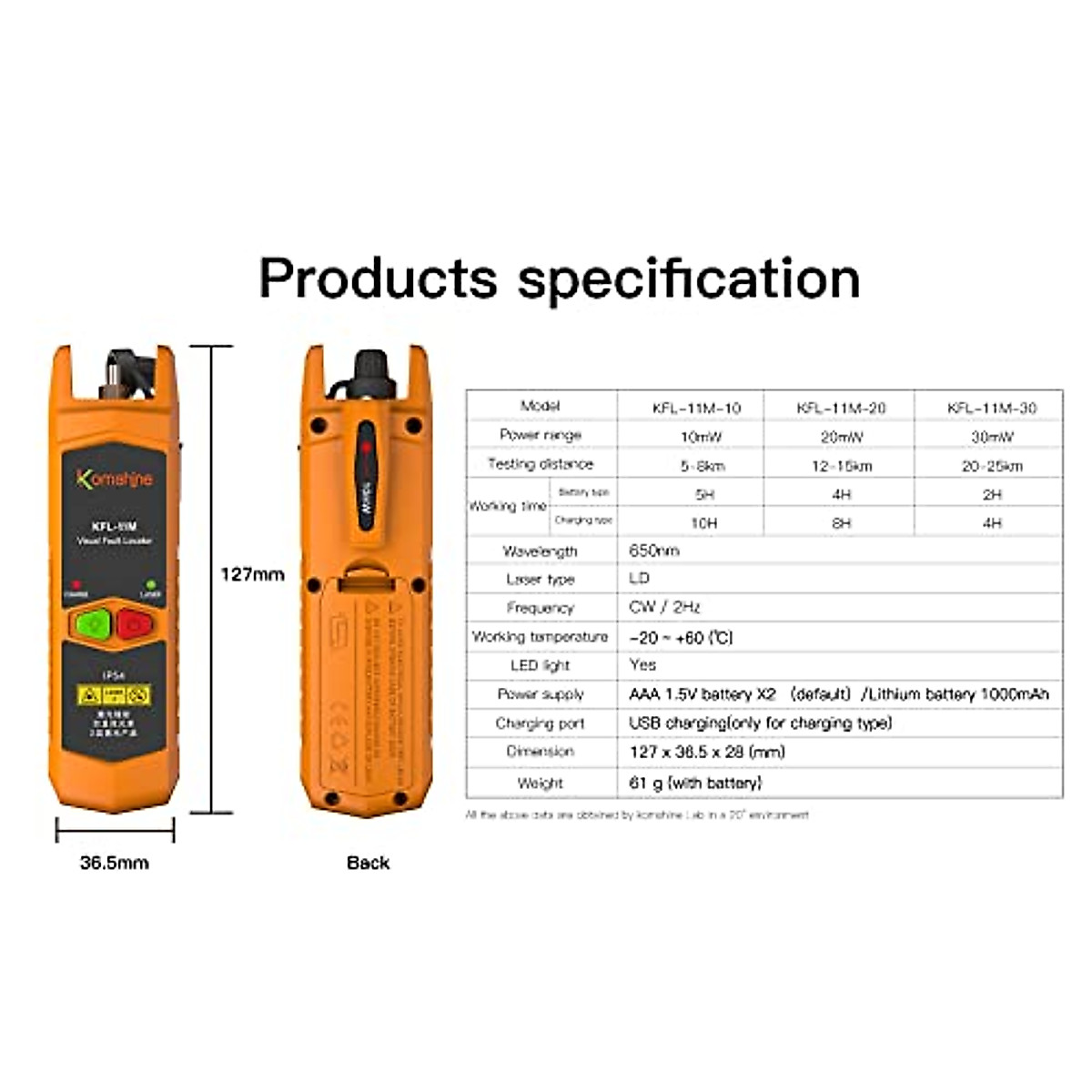 KomShine KPM-11M Power Meter Tester 7 Wavelengths + KFL-11M 30mW 25kmVisual Fault Locator VFL Fiber Optic Red Light Pen LED Lights Adapter for FC SC ST Connectors