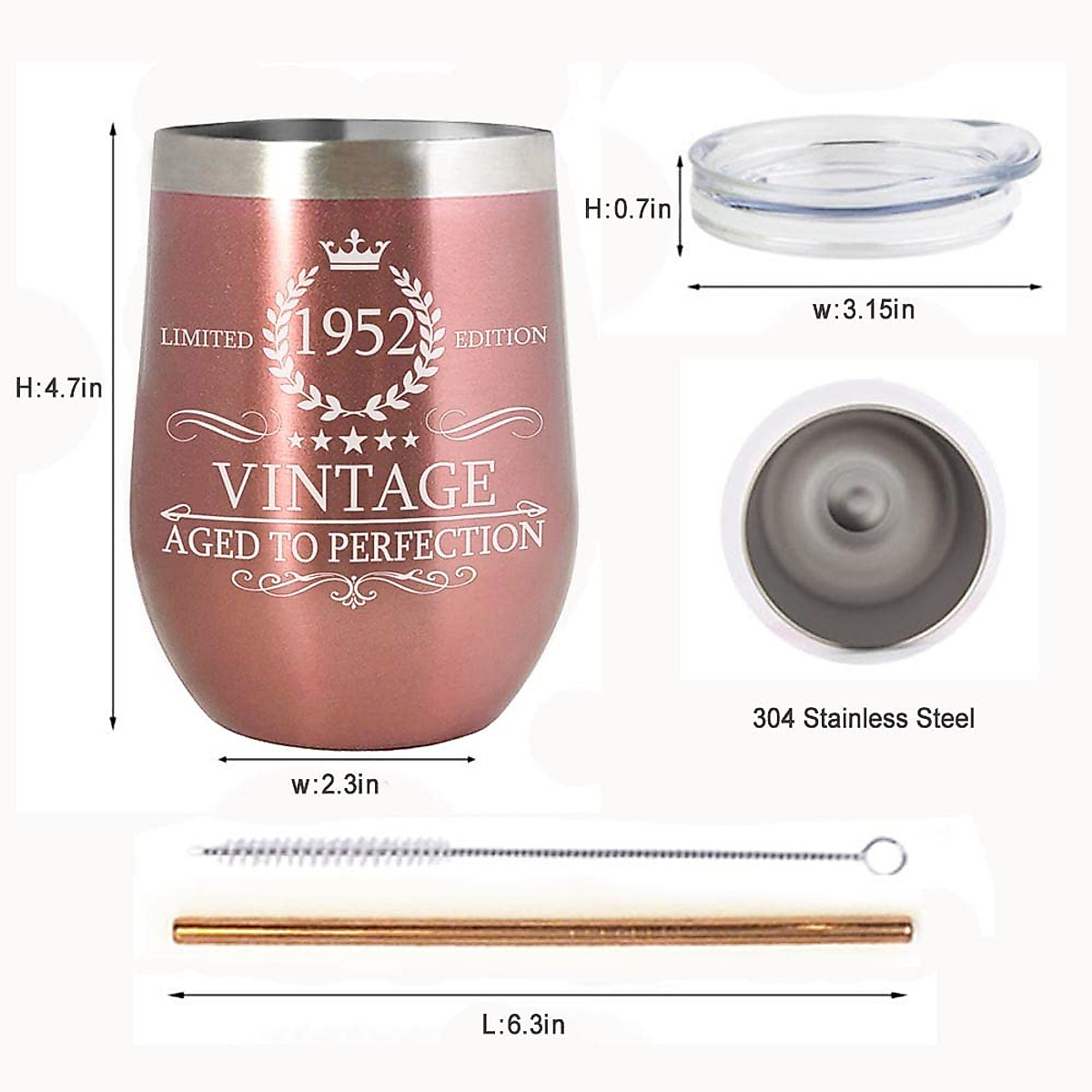 1952 72nd Birthday Presents for Women/Men |Vintage Aged to Perfection Insulated Stainless Steel Tumbler/Coffee Cup/Mug/Wine Glass w/Lid & Straw/Funny Anniversary Ideas (12 oz, 1952 Rose Gold)