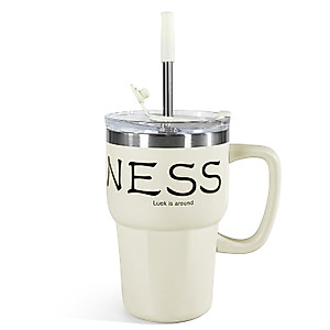 21 oz Insulated Coffee Mug Tumbler with Handle, Stainless Steel Travel Mug Tumbler with Lid and Straw, Coffee Travel Mug Spill Proof with Lid for Keep Hot/Ice Coffee, White