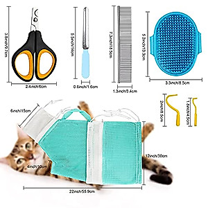 Cat Bag for Bathing 8 PCS Set with Cat Shower Net Bag Adjustable Pet Grooming Brush Nail Clipper Nail File Hair Combs Tick Tool Nail Caps, Nail Trimming Bath Cleaning Supplies Kit for Cats & Dogs