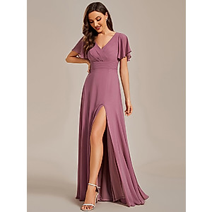 Ever-Pretty Women's Elegant Chiffon Appliques A Line V Neck High Slit Bridesmaid Dress Orchid US12