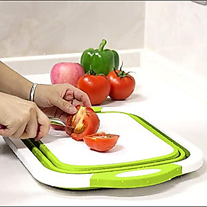 QiMH Collapsible Cutting Board - Portable Washing Veggies Fruits Food Grade Camping Sink (8.5Quart) with Draining Plug - Foldable Multi-function Kitchen Plastic Silicone Basin(Knife Included)