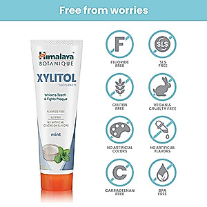 Himalaya Botanique Whitening Antiplaque Toothpaste with Xylitol, Fluoride Free, for Plaque Reduction & Gentle Whitening, 4 oz, 4 Pack