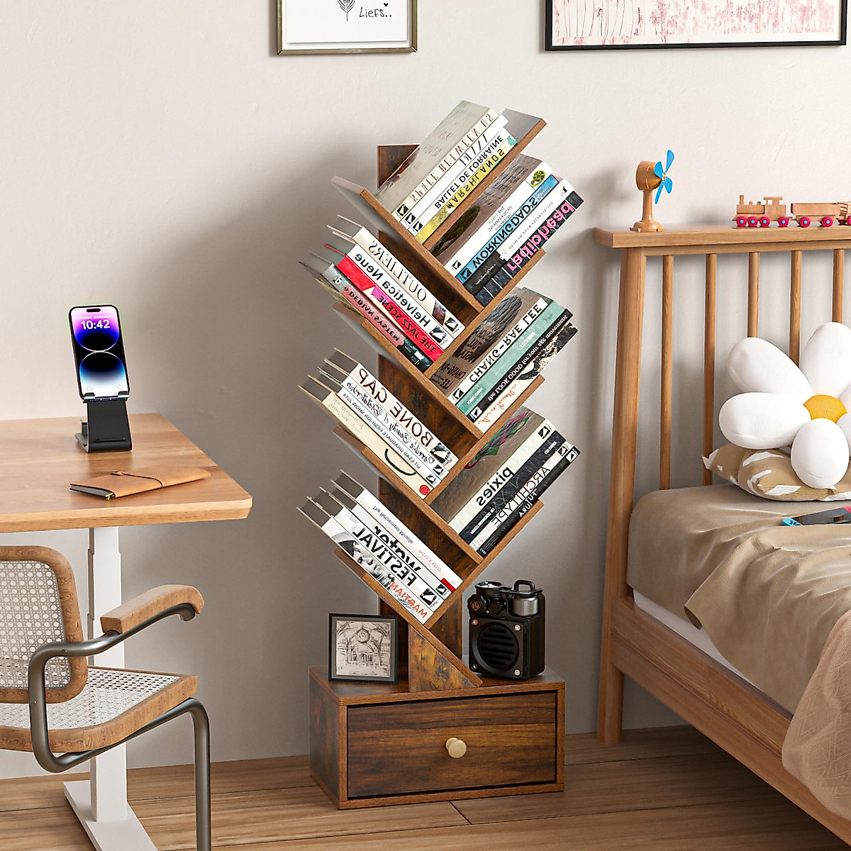 SHEEPAM 8 Tier Tree Bookshelf with Drawer, Free Standing Wood Bookcase for Narrow Space, Storage Organizer Bookshelves for Books, Book Case for Home Office, Living Room, Bedroom, Rustic Brown